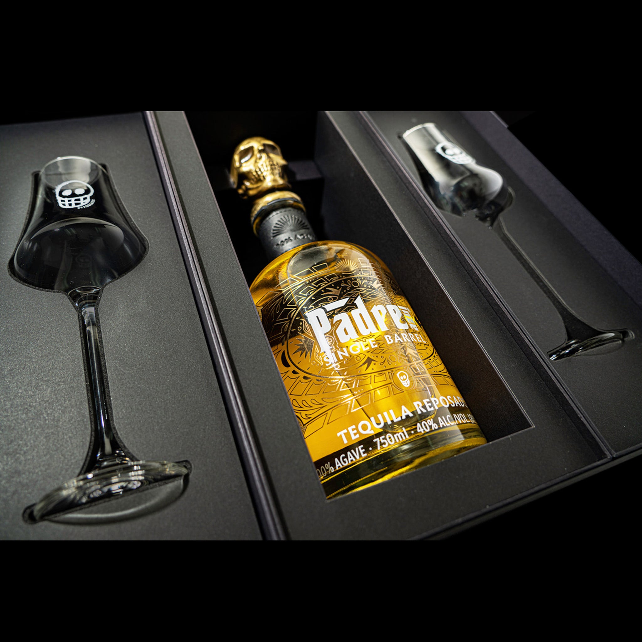 Padre Azul Reposado Single Barrel Tequila with Glasses